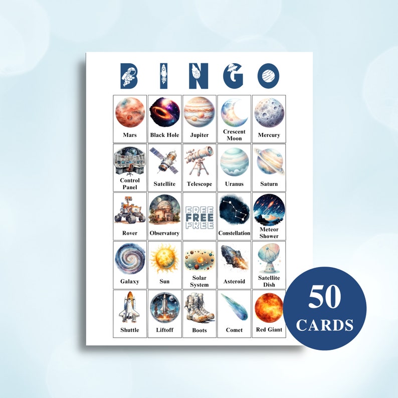 50 Printable Outer Space Bingo Cards Astronaut Picture Bingo Space ...