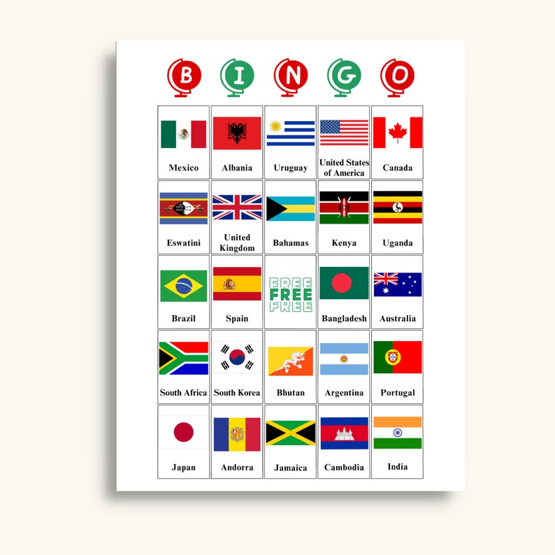50 Printable World Flags Picture Bingo Cards: Classroom Games, US ...