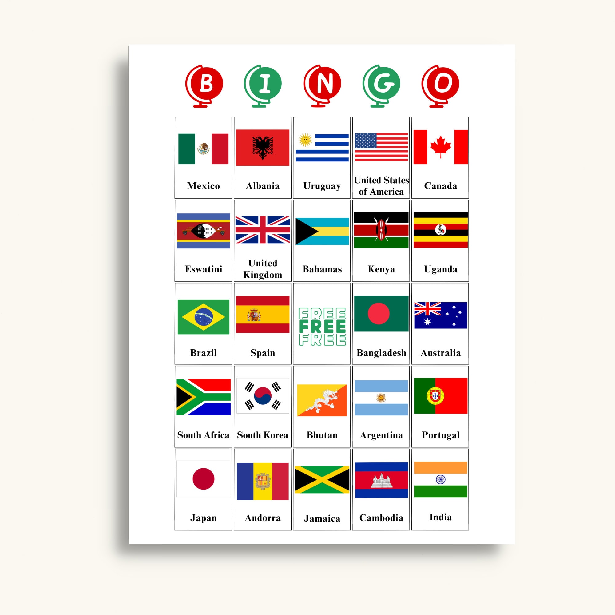 50 Printable World Flags Bingo Cards | Flag Picture Bingo | World Flags ...