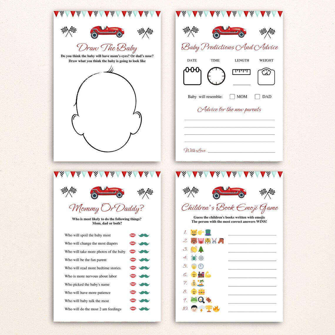 16 Printable Racing Baby Shower Games Race Car Baby Shower Game Bundle ...