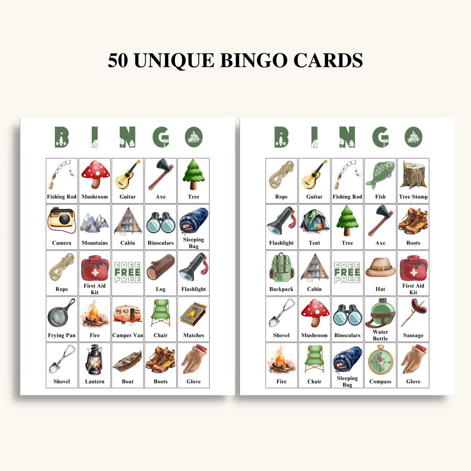 50 Printable Camping Bingo Cards | Camping Themed Picture Bingo Cards ...