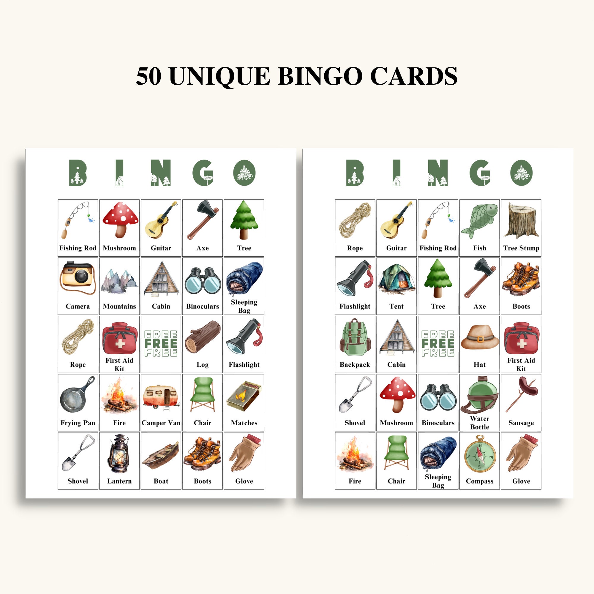 50 Printable Camping Bingo Cards Camping Themed Picture Bingo Cards ...