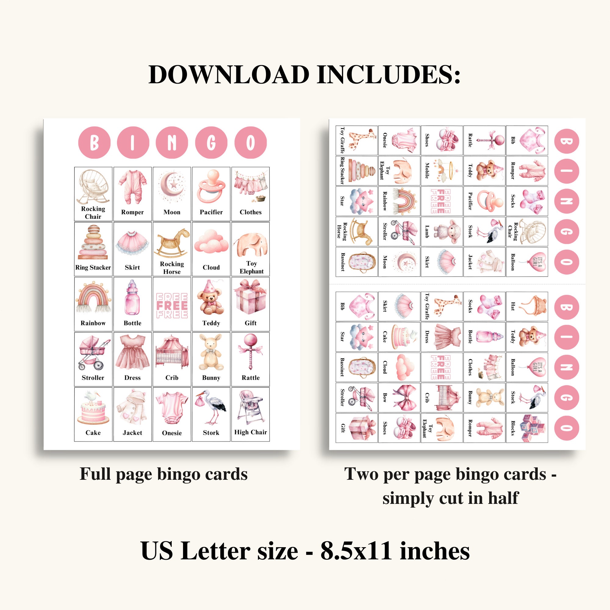 50 Printable Girl Baby Shower Bingo Cards Baby Shower Picture Bingo ...
