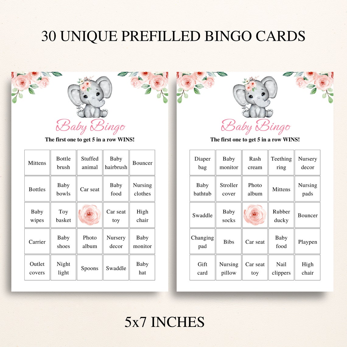 30 Printable Floral Elephant Baby Shower Bingo Cards 5x7'' Floral Baby ...