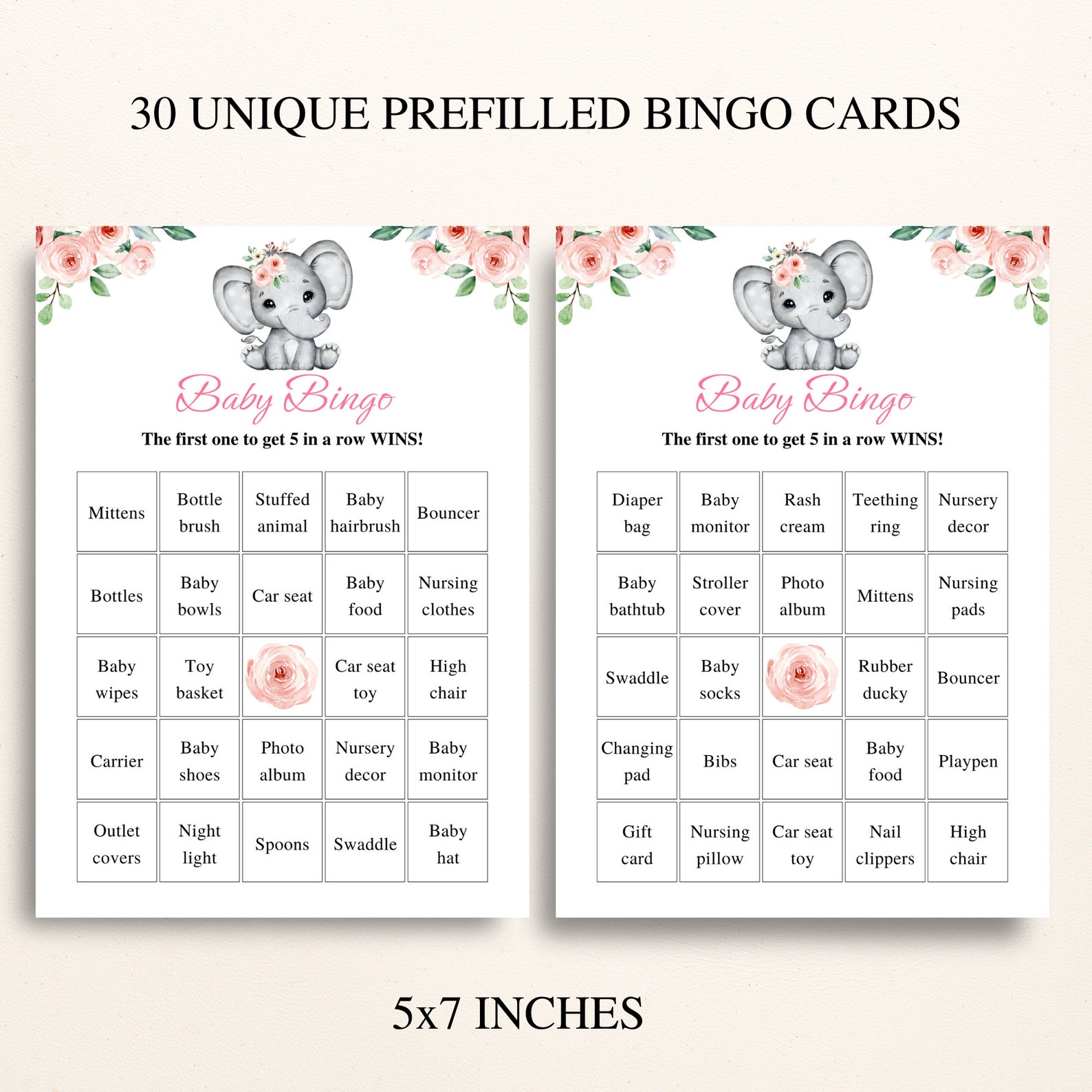 30 Printable Floral Elephant Baby Shower Bingo Cards | 5x7'' Floral ...
