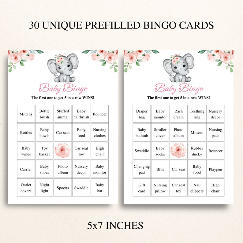 30 Printable Floral Elephant Baby Shower Bingo Cards | 5x7'' Floral ...