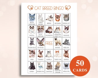 50 Printable Cat Breed Picture Bingo Cards, Cat Birthday Party Games ...