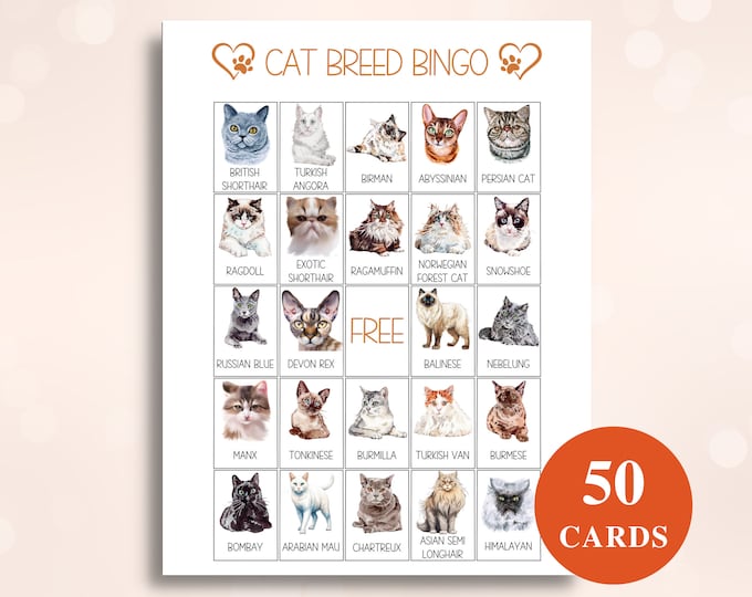 50 Printable Cat Breed Picture Bingo Cards, Cat Birthday Party Games ...