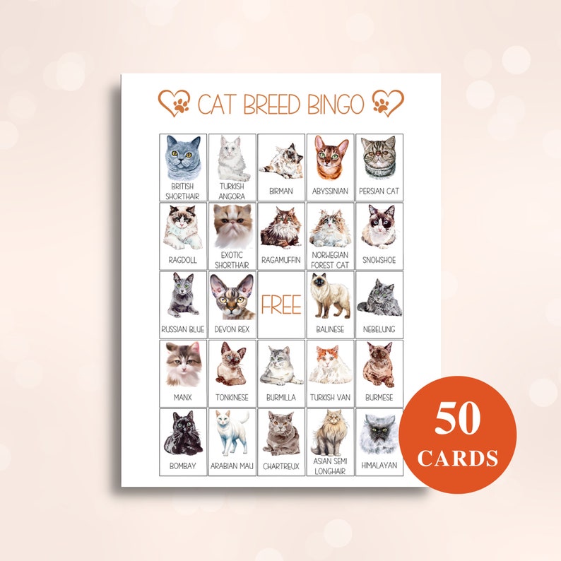 50 Printable Cat Breed Picture Bingo Cards, Cat Birthday Party Games ...