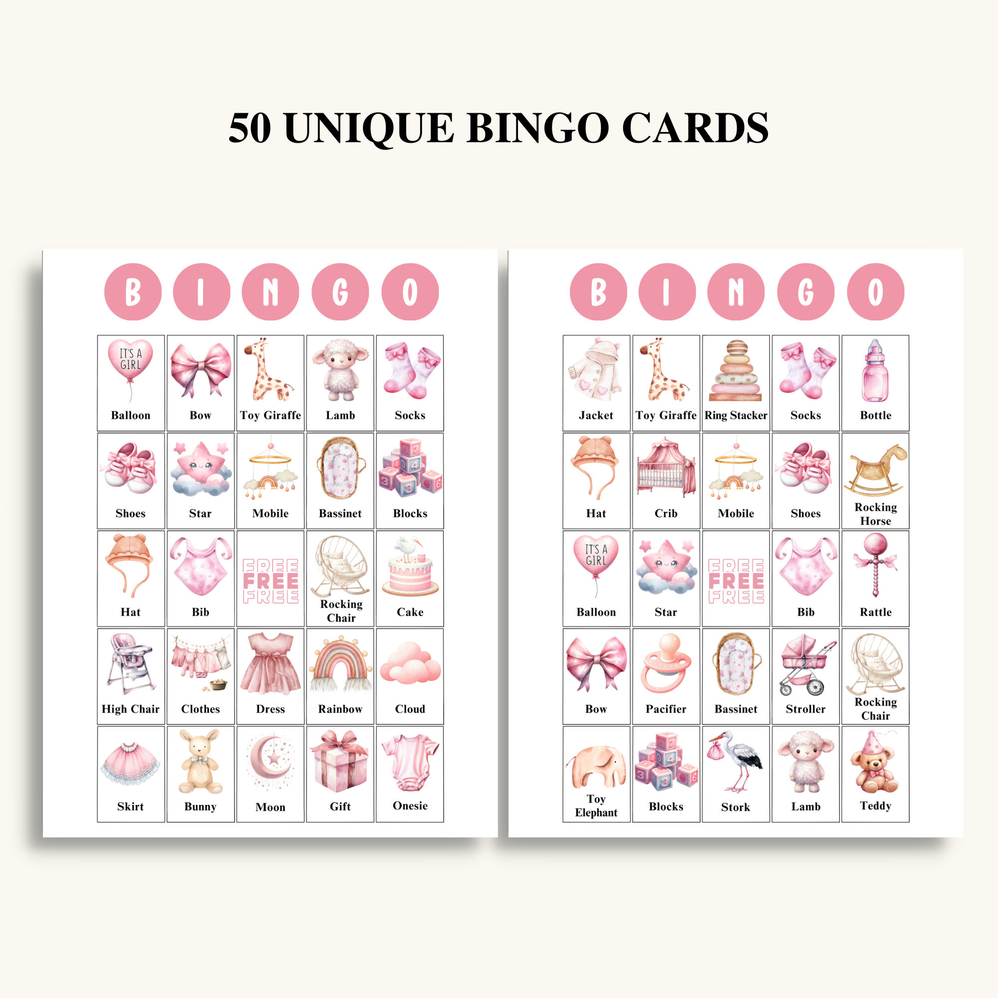 50 Printable Girl Baby Shower Bingo Cards Baby Shower Picture Bingo ...