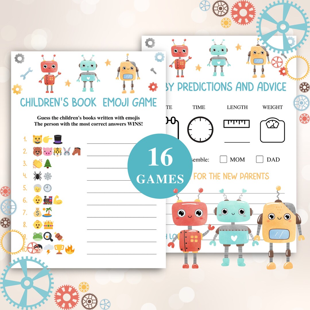 16 Printable Robot Baby Shower Games | 5x7'' Boy Baby Shower Game ...