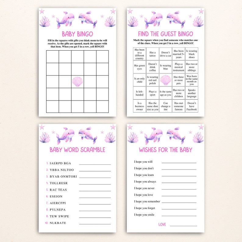 16 Printable Under the Sea Baby Shower Games, Pink Whale Baby Shower ...