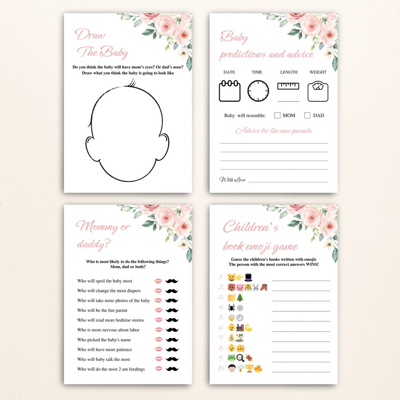 16 Printable Floral Baby Shower Games, Blush Pink Baby Shower Game ...