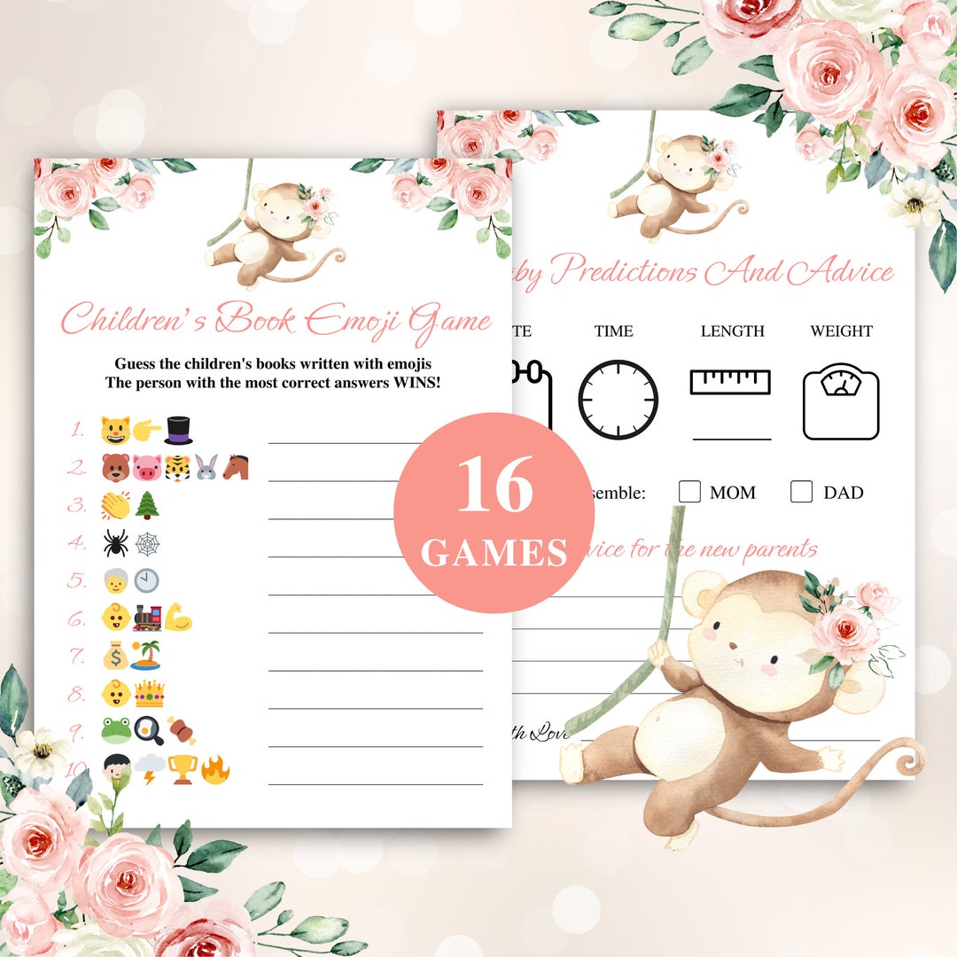 16 Printable Pink Monkey Baby Shower Games | Floral Safari Baby Shower ...