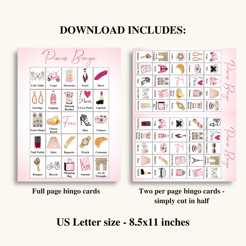 50 Printable Paris Picture Bingo Cards: Parisian Bridal Shower Games, 8 ...