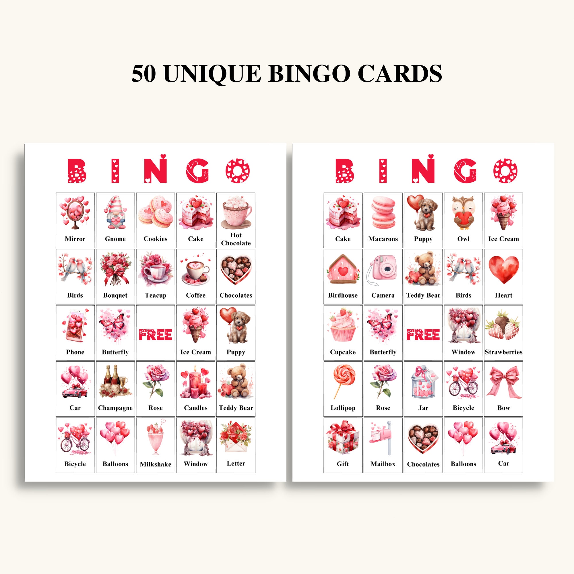50 Printable Valentine's Day Picture Bingo Cards: US Letter 8.5x11 ...