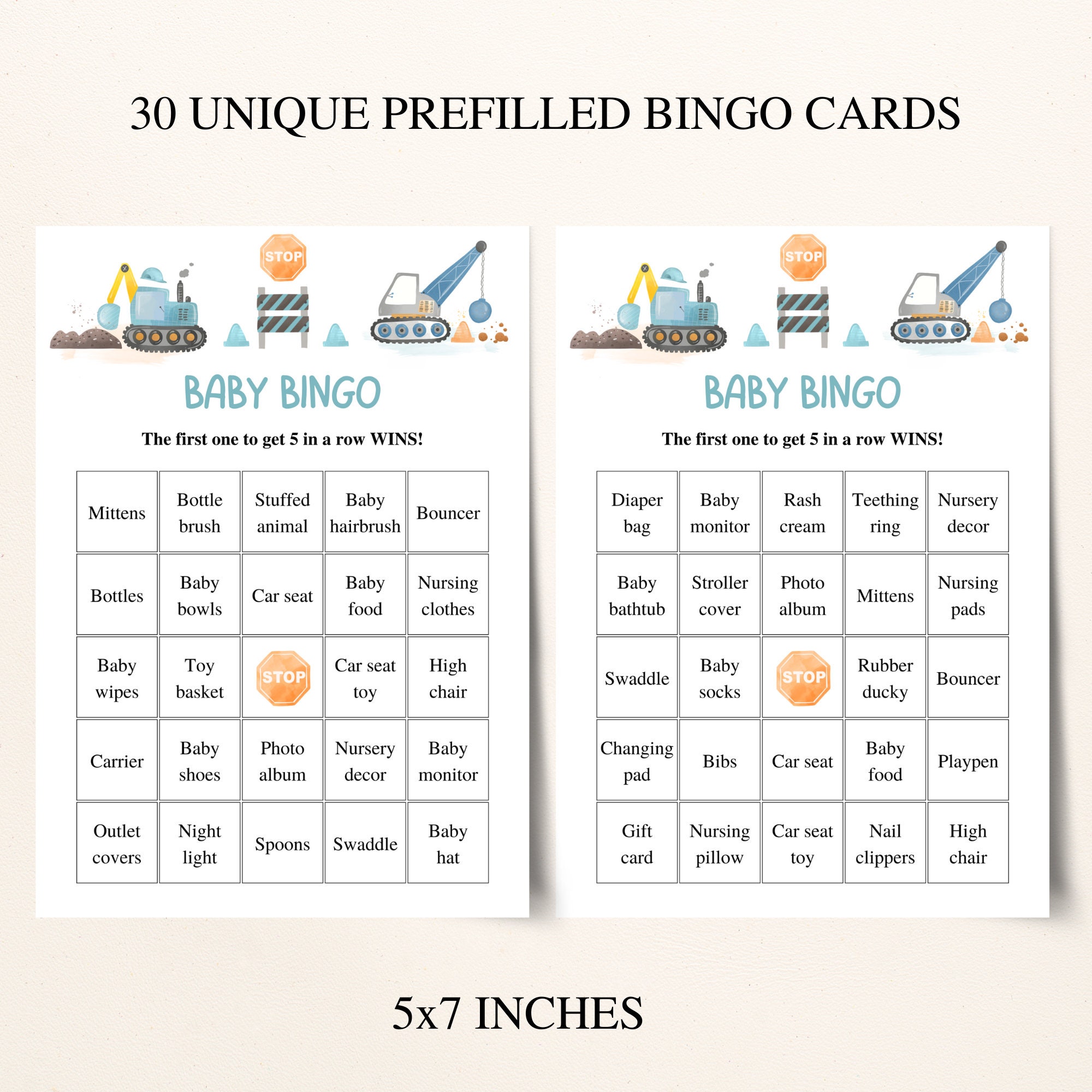 30 Printable Construction Baby Shower Bingo Cards | 5x7'' Prefilled ...