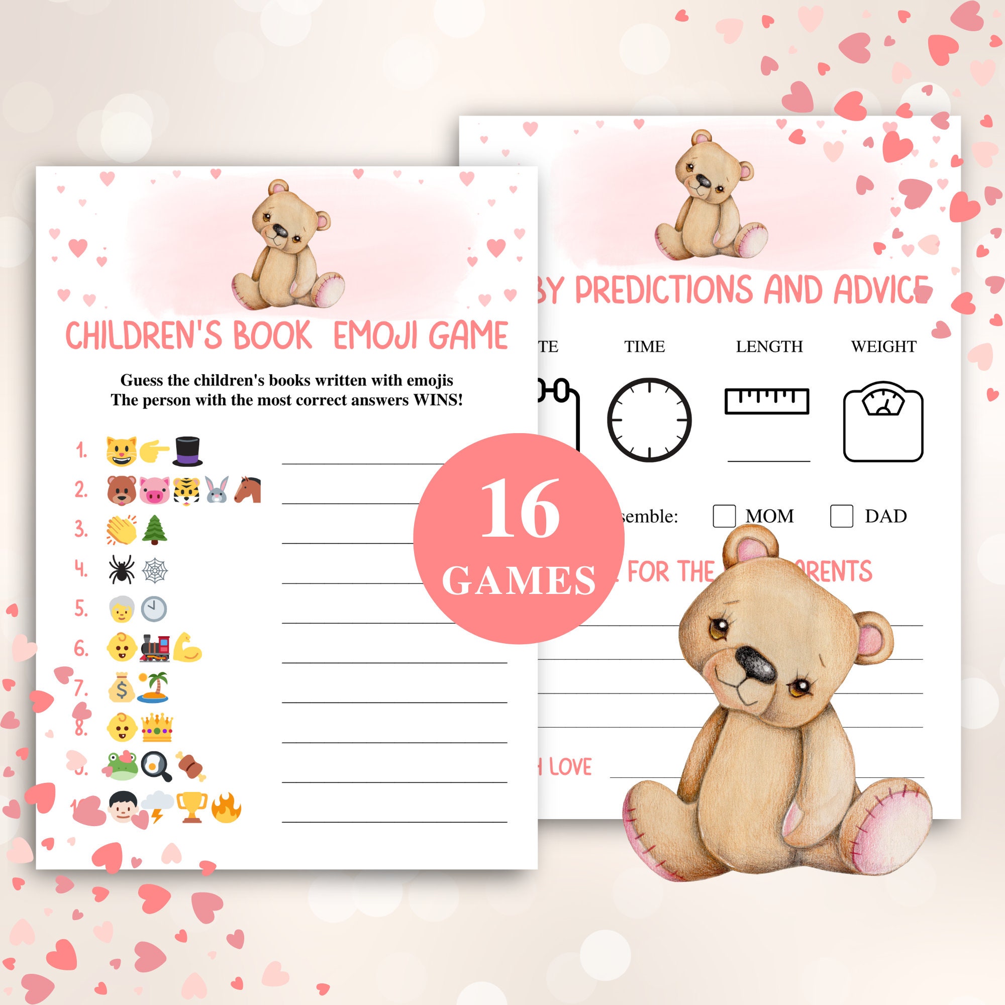 16 Printable Teddy Bear Baby Shower Games, Pink Teddy Bear Baby Shower ...