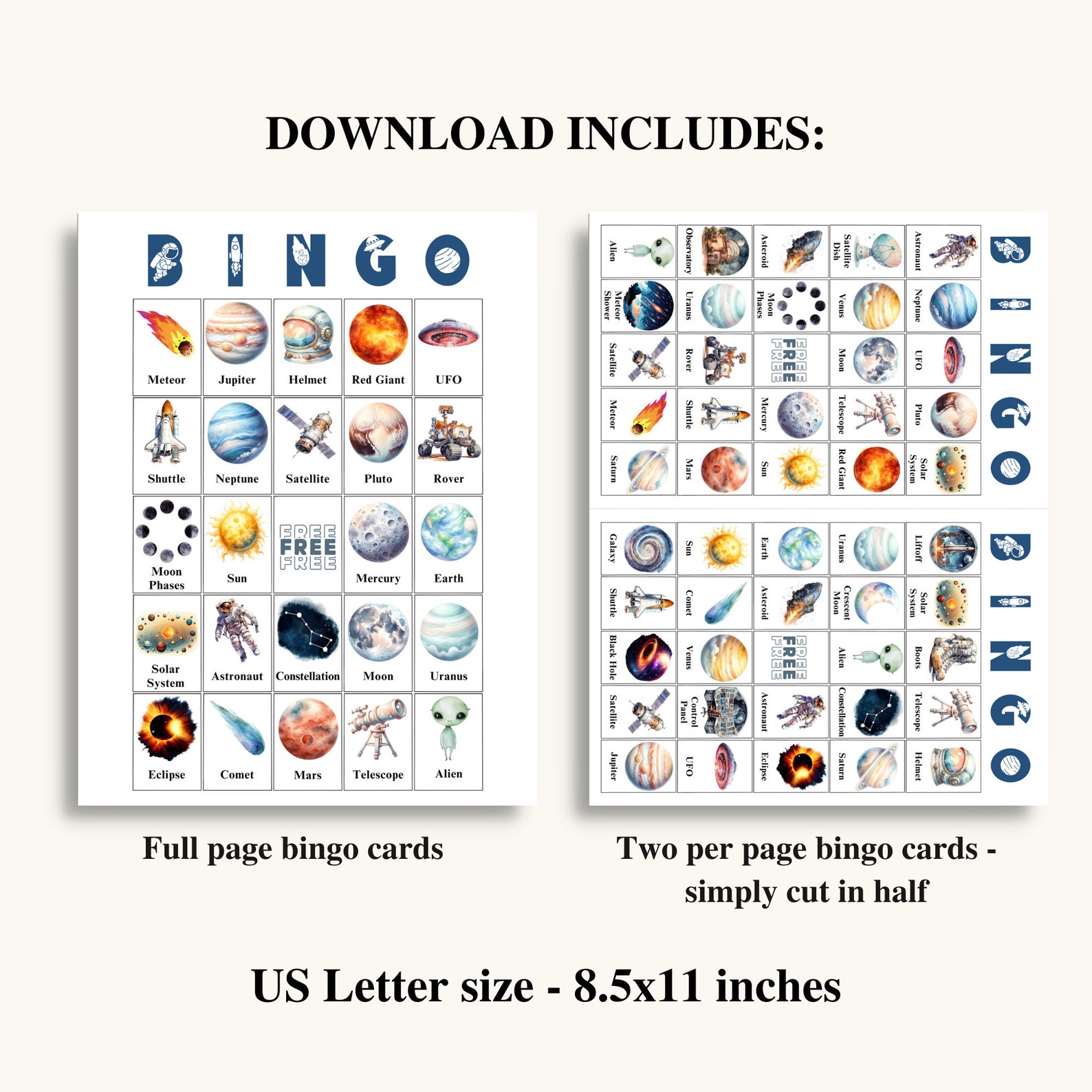 50 Printable Outer Space Bingo Cards Astronaut Picture Bingo Space ...