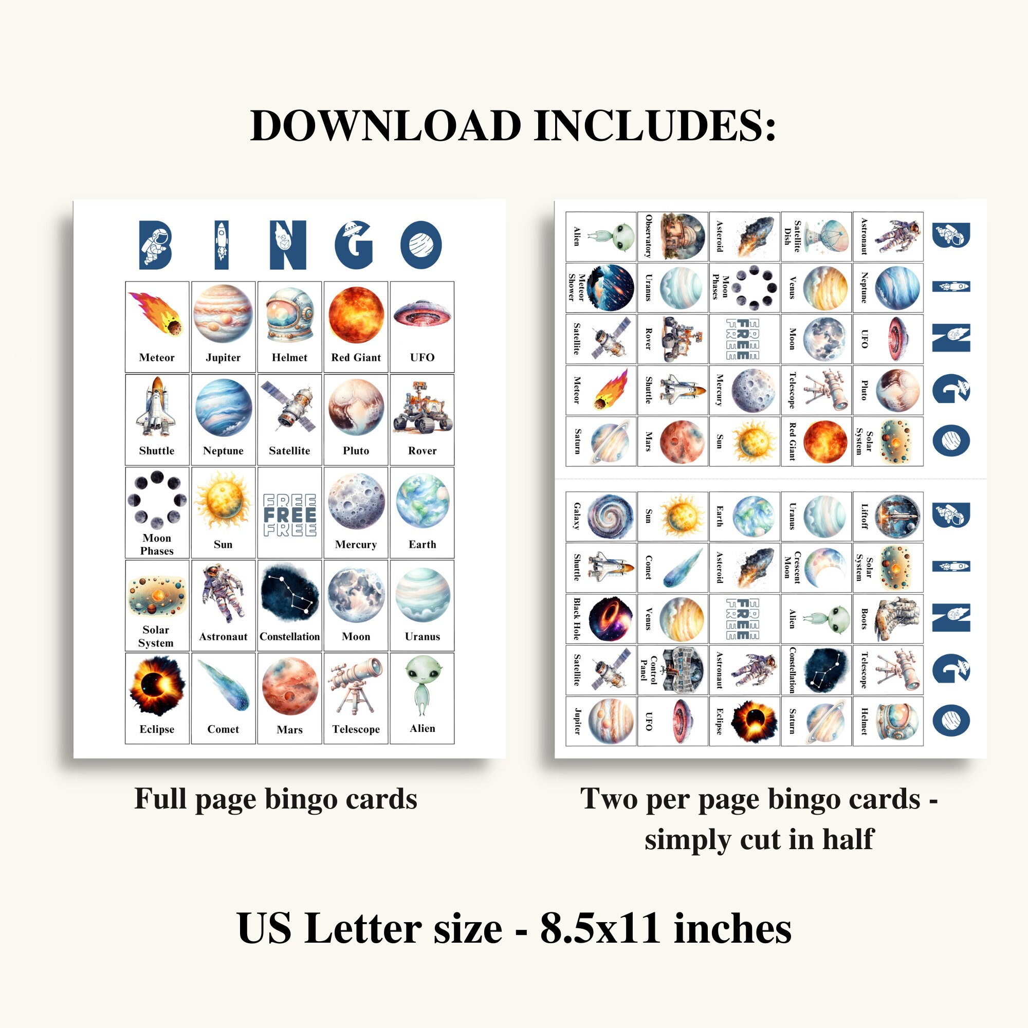 50 Printable Outer Space Bingo Cards Astronaut Picture Bingo Space ...