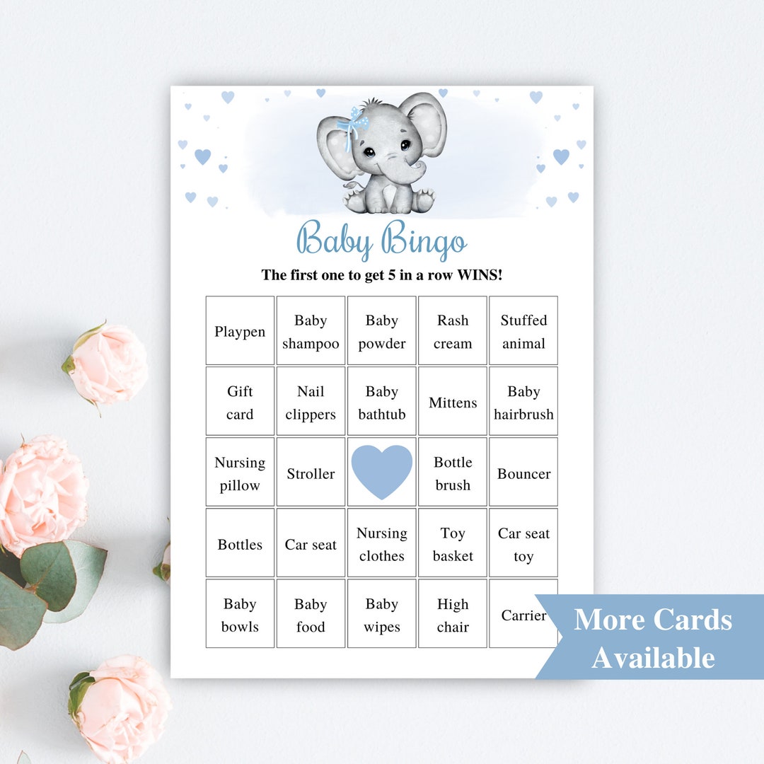 30 Printable Elephant Baby Shower Bingo Cards | 5x7'' Blue Elephant ...