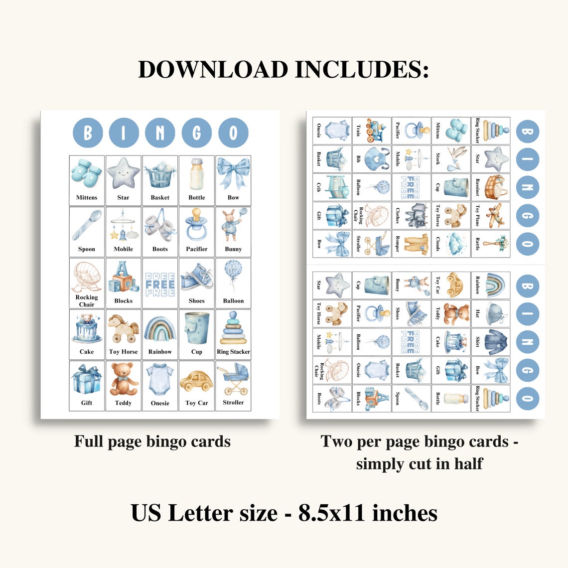 50 Printable Boy Baby Shower Bingo Cards Baby Shower Picture Bingo Blue ...