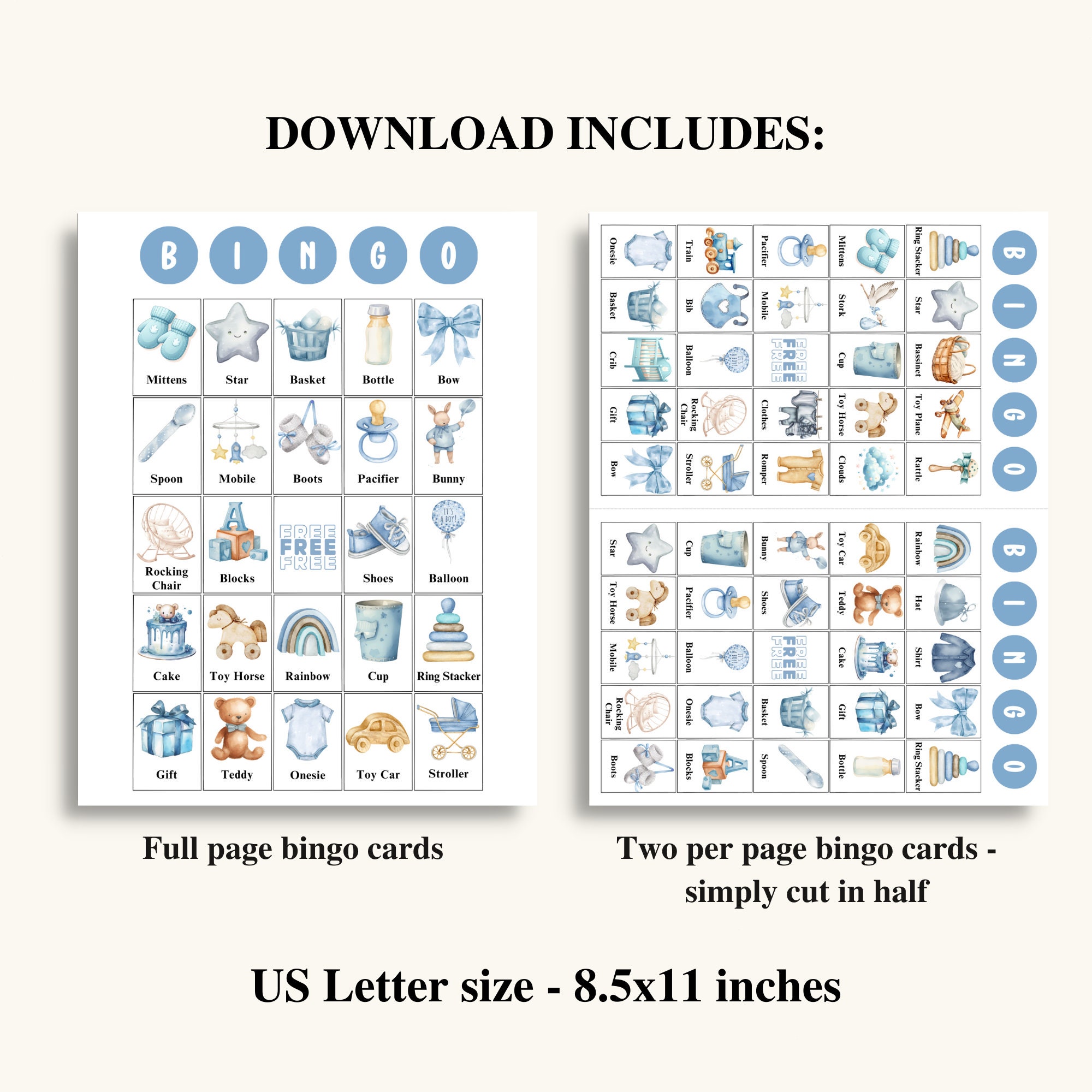 50 Printable Boy Baby Shower Bingo Cards Baby Shower Picture Bingo Blue ...