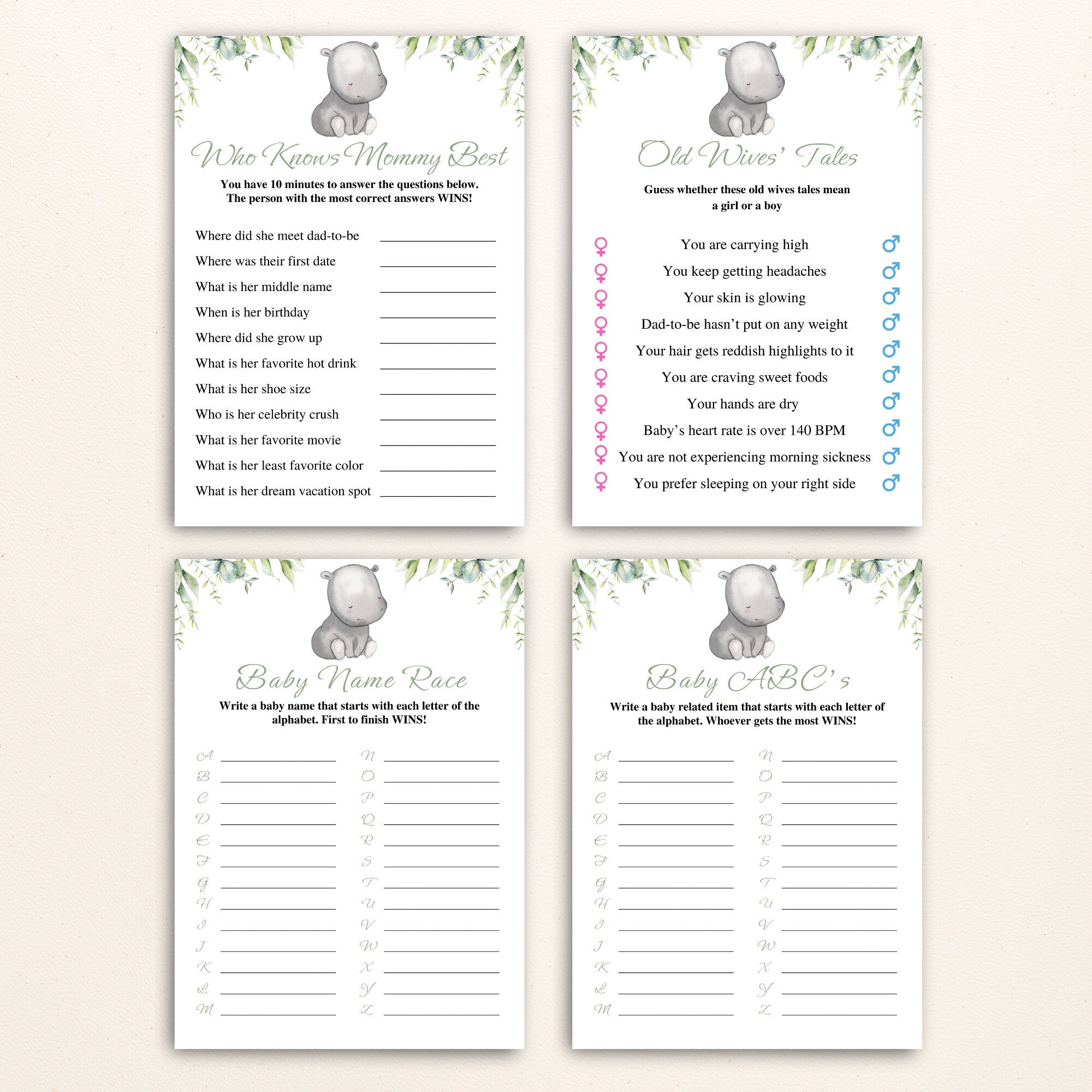 16 Printable Hippo Baby Shower Games Jungle Baby Shower Game Bundle ...