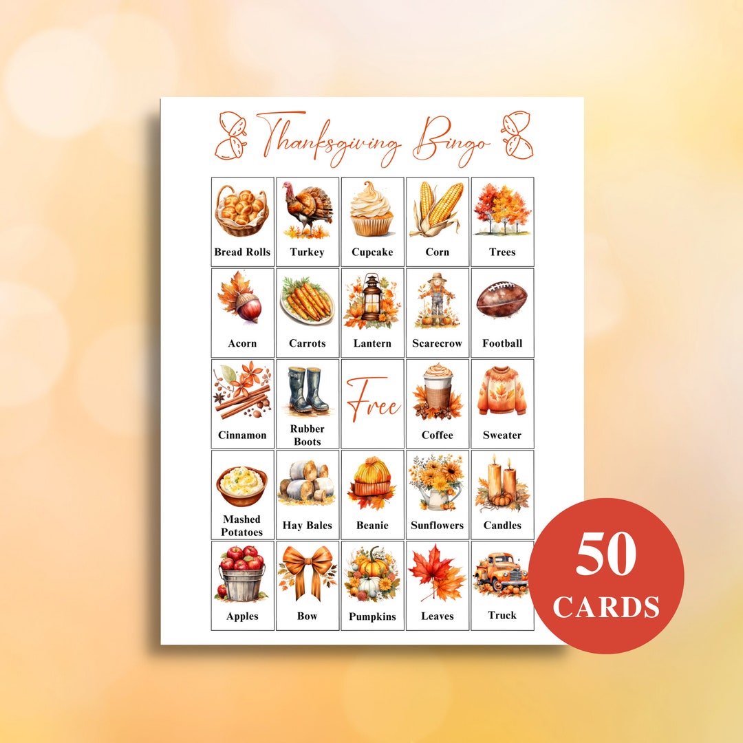 50 Printable Thanksgiving Bingo Cards | Thanksgiving Picture Bingo ...