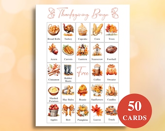 50 Printable Thanksgiving Picture Bingo Cards, Thanksgiving Bingo ...