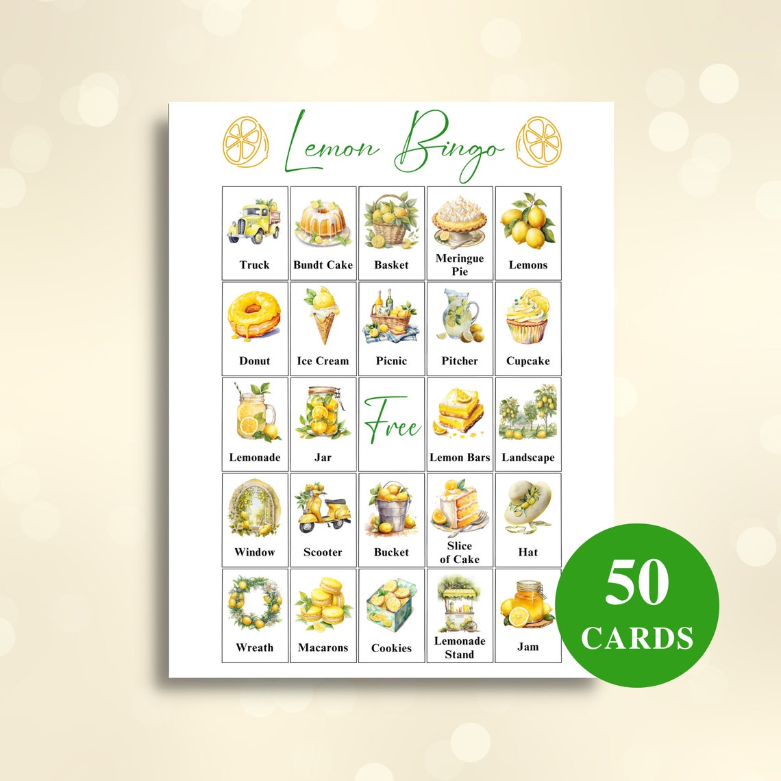 50 Printable Lemon Picture Bingo Cards, Lemon Baby Shower Games, Lemon ...