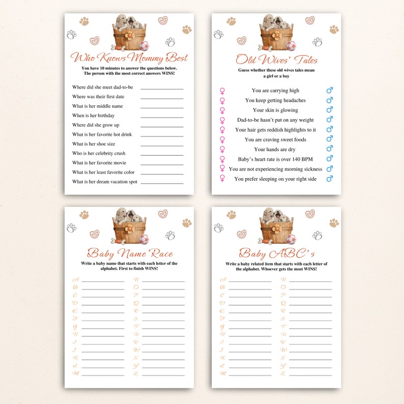 16 Printable Puppy Baby Shower Games Dog Themed Baby Shower Game Bundle ...