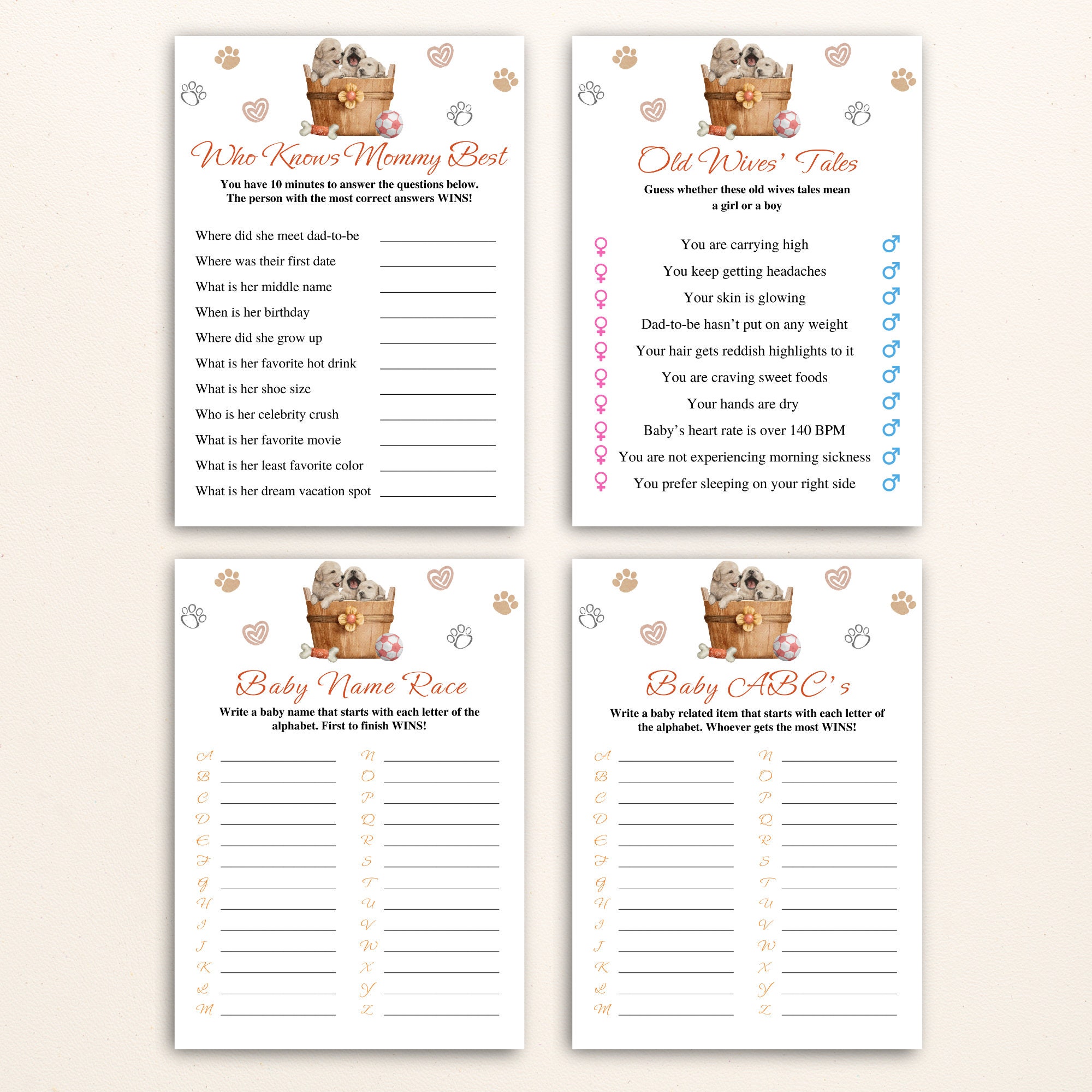 16 Printable Puppy Baby Shower Games Dog Themed Baby Shower Game Bundle ...