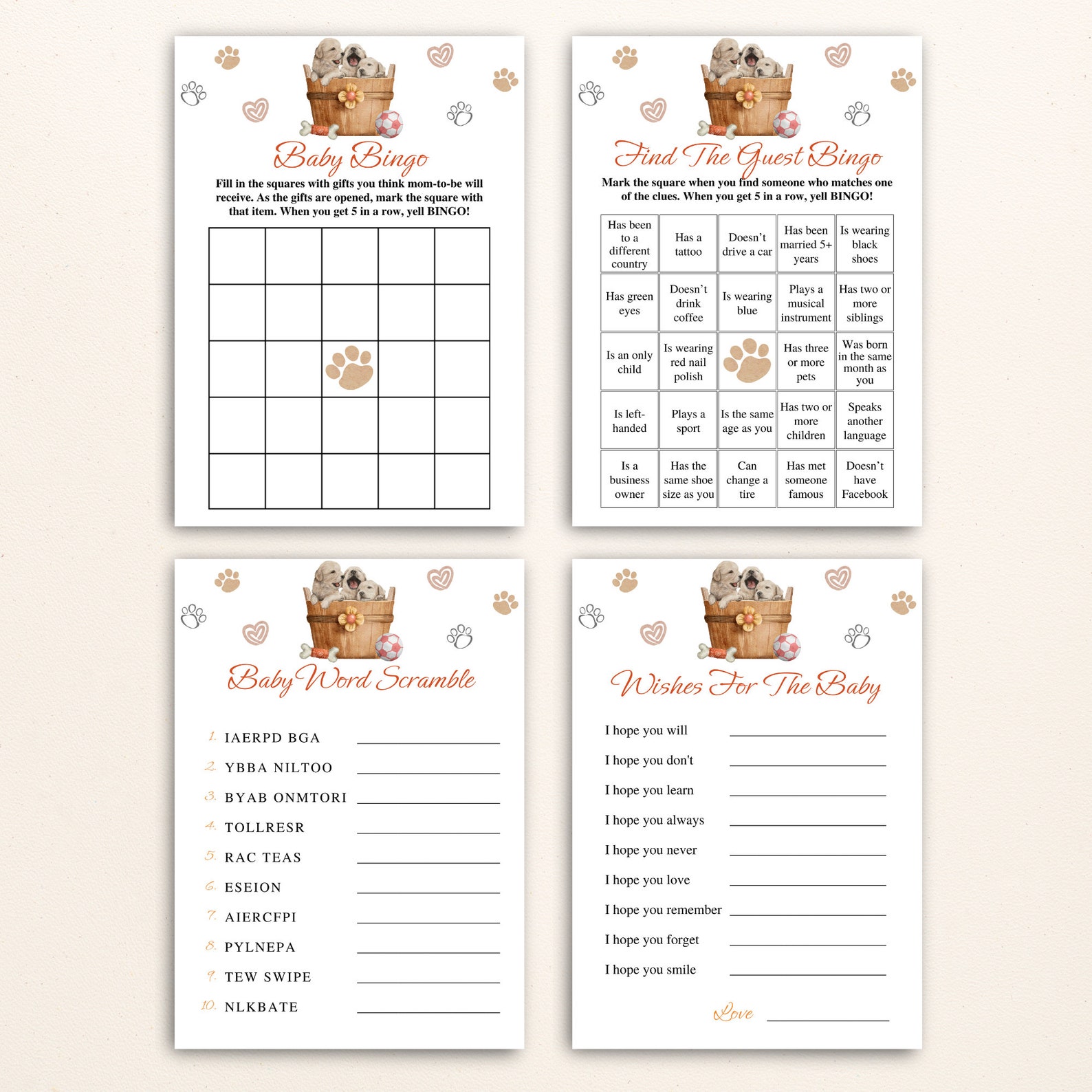 16 Printable Puppy Baby Shower Games Dog Themed Baby Shower Game Bundle ...