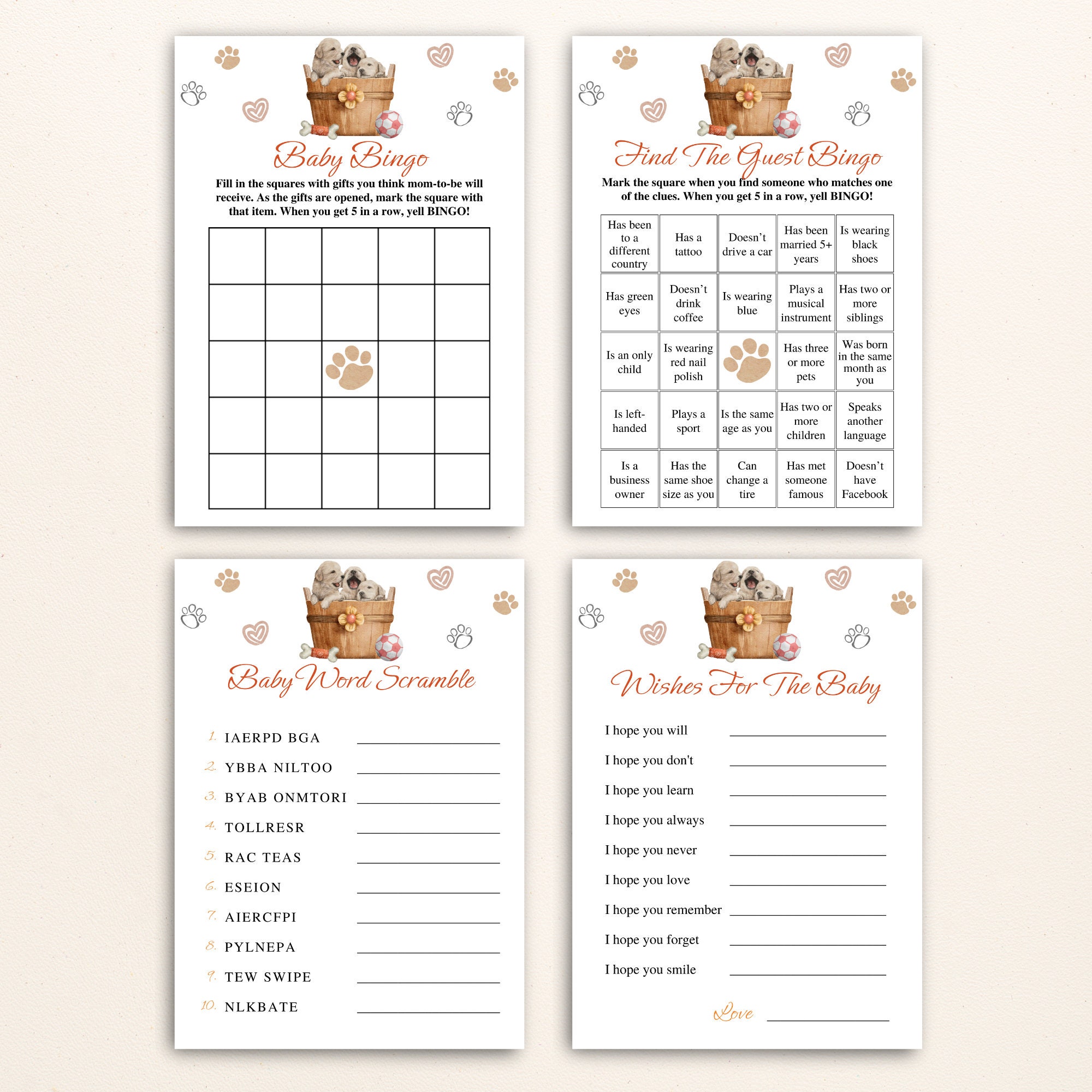 16 Printable Puppy Baby Shower Games Dog Themed Baby Shower Game Bundle ...