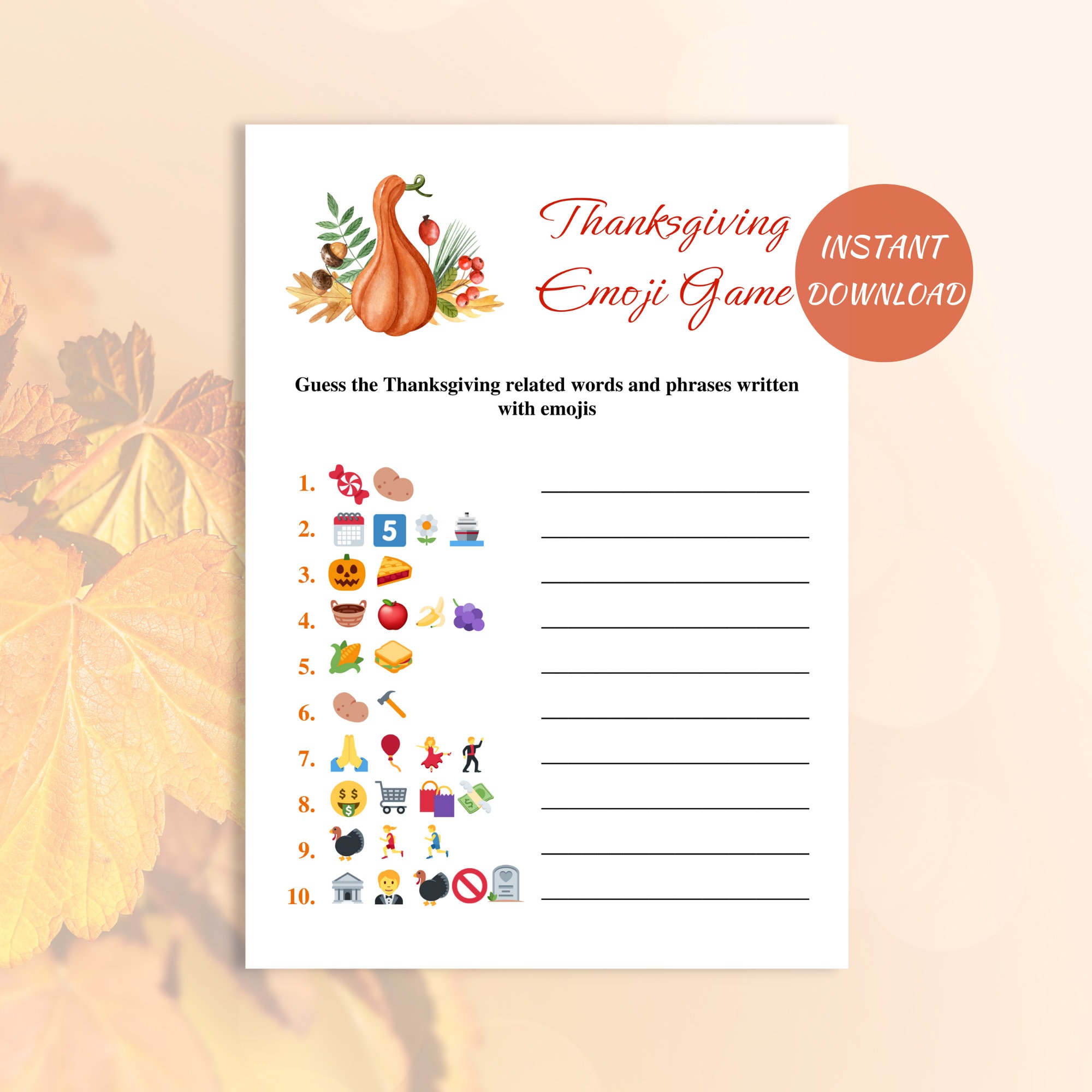 Printable Thanksgiving Emoji Game: Answer Key Included DOWNLOAD - Etsy