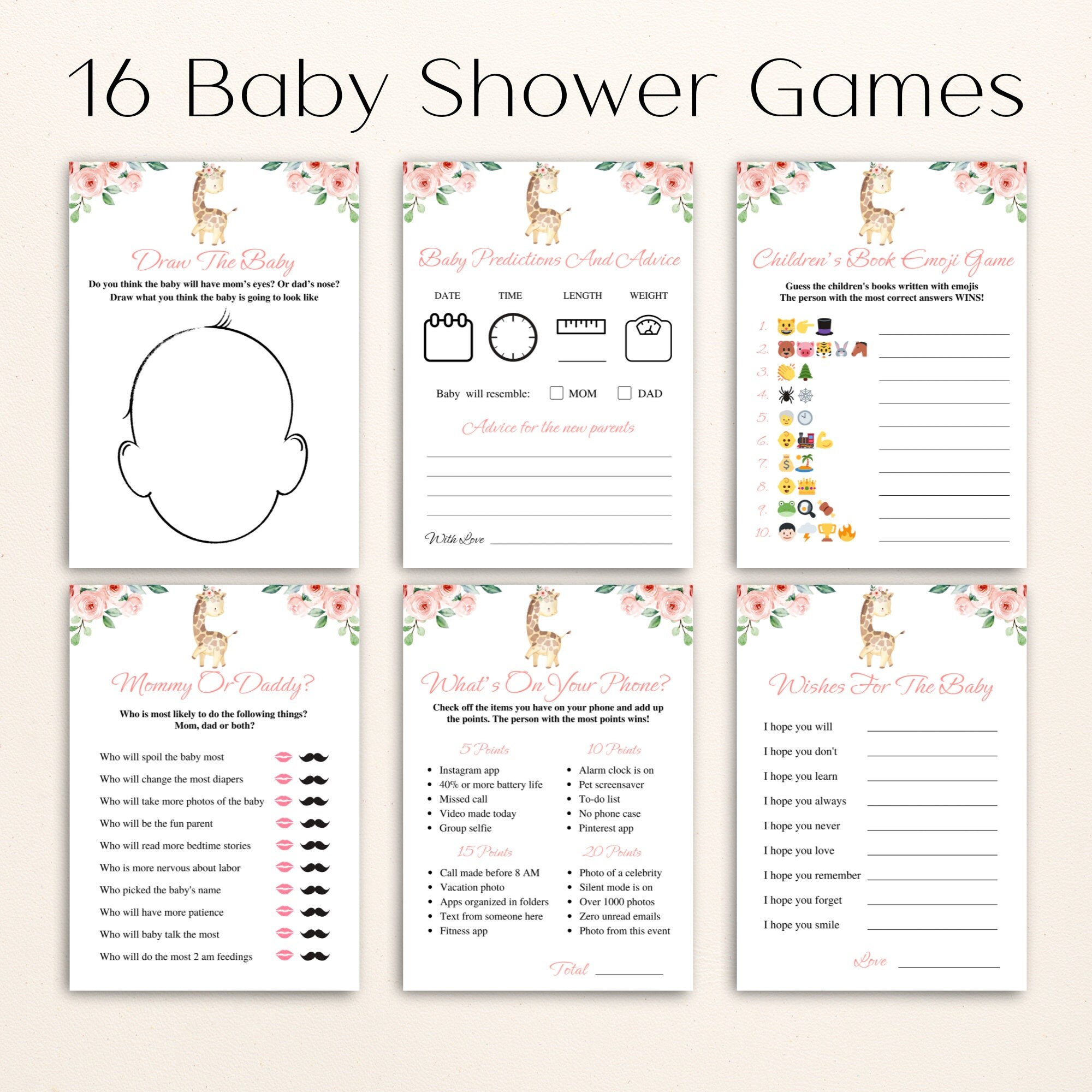 16 Printable Pink Giraffe Baby Shower Games Floral Safari Baby Shower ...