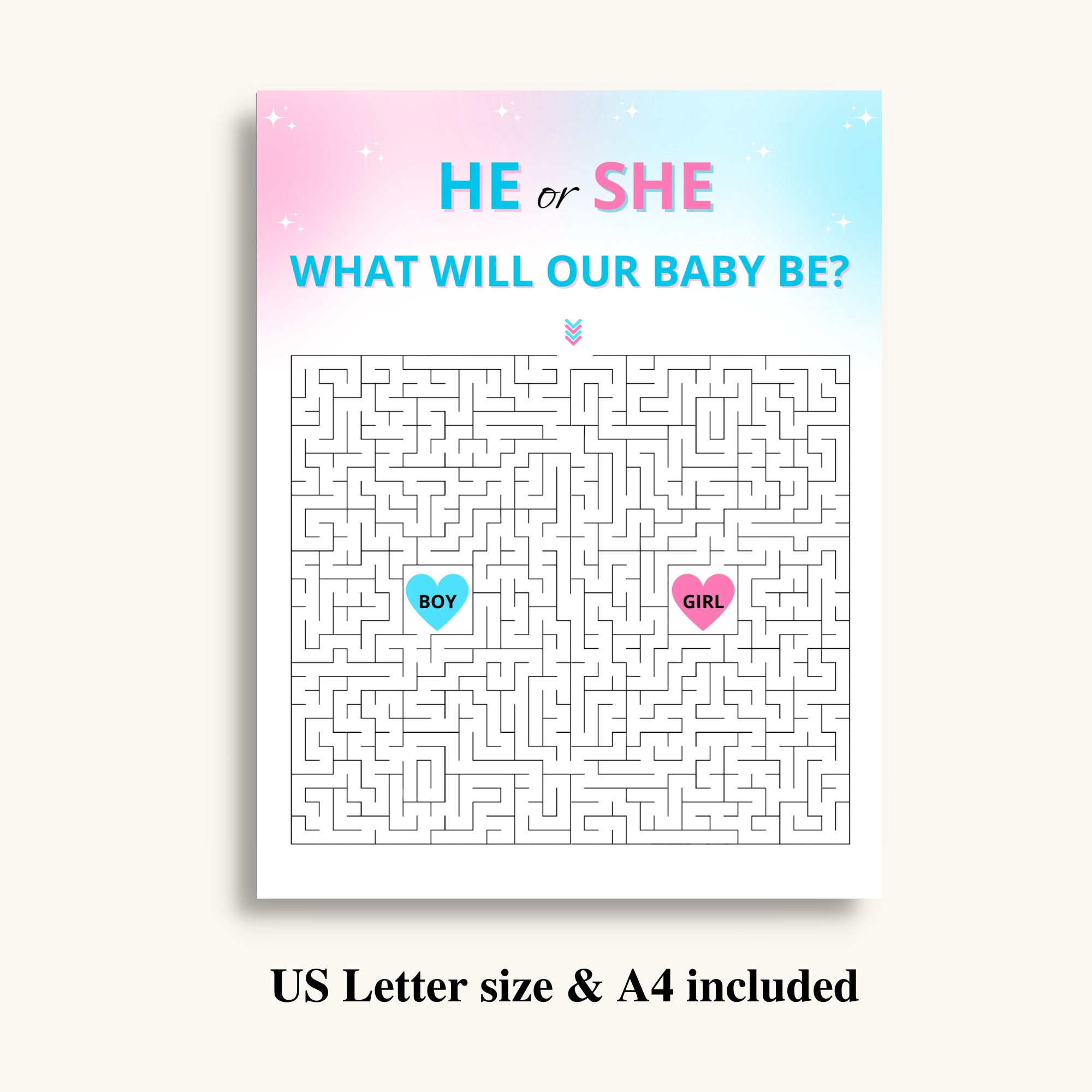 Printable Gender Reveal Maze Gender Reveal Labyrinth Blue and Pink Gender Reveal Games US Letter ...