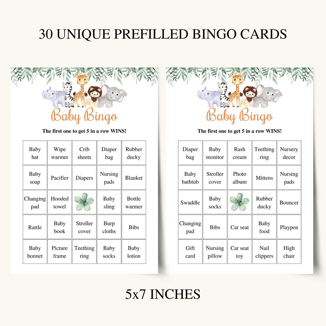 30 Printable Prefilled Baby Shower Bingo Cards, Safari Baby Shower ...