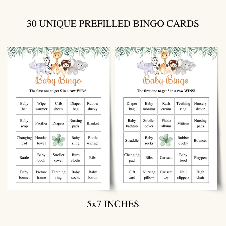 30 Printable Prefilled Baby Shower Bingo Cards, Safari Baby Shower ...