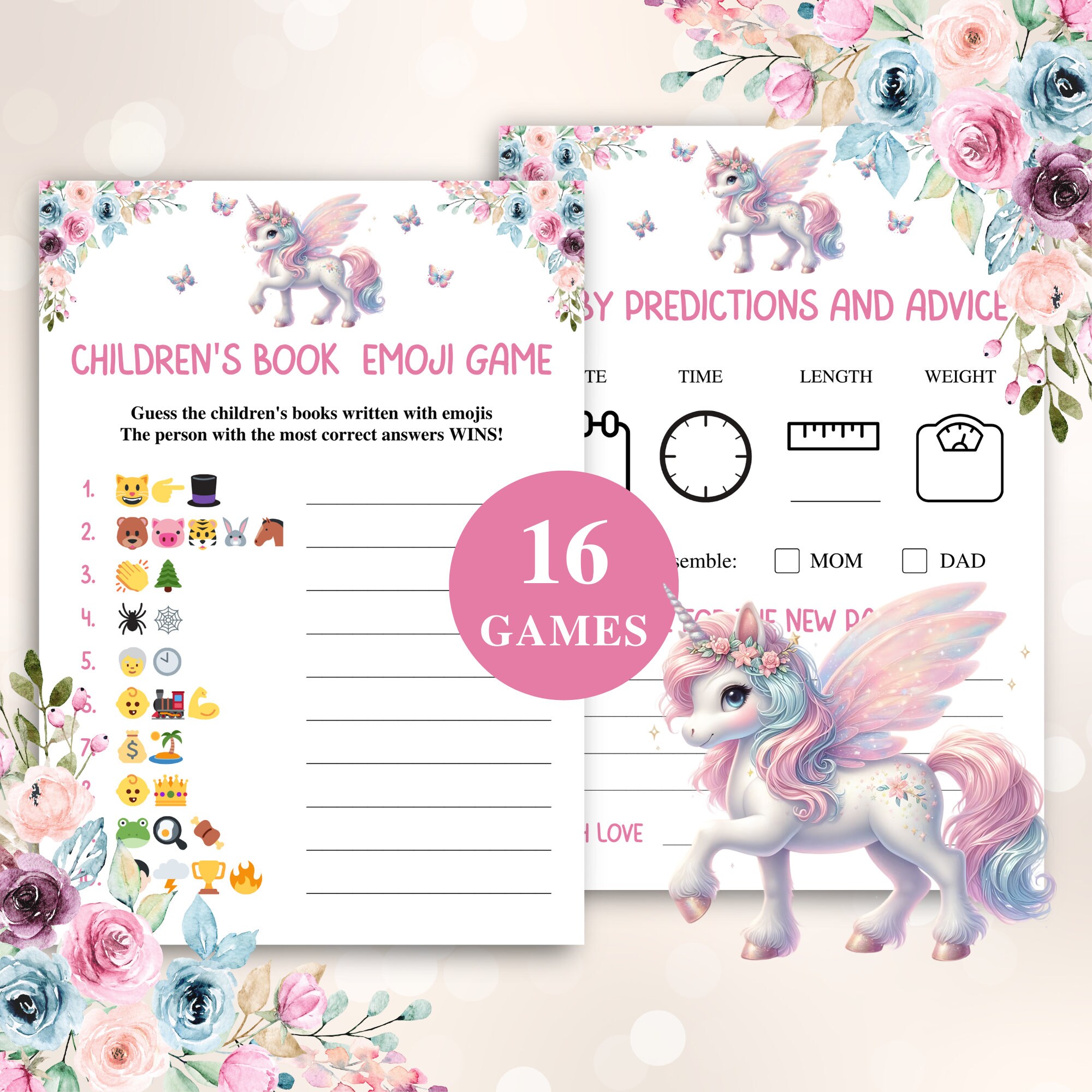 16 Printable Unicorn Baby Shower Games Floral Unicorn Baby Shower Game ...