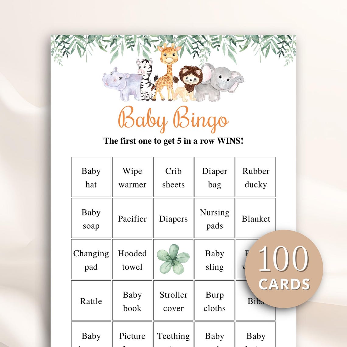 100 Printable Safari Baby Shower Bingo Cards, Prefilled Baby Gift Bingo ...