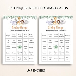 100 Printable Safari Baby Shower Bingo Cards, Prefilled Baby Gift Bingo ...