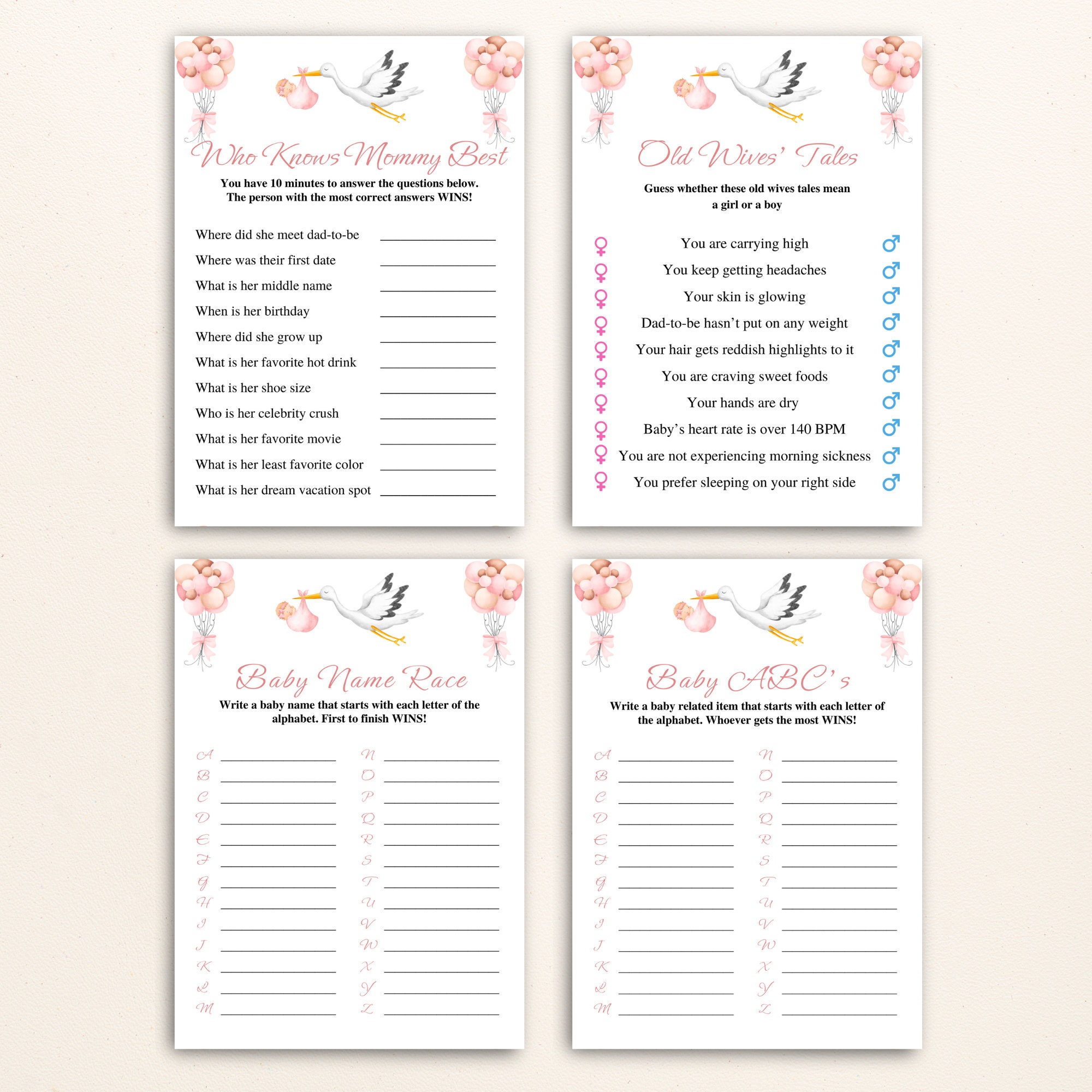 16 Printable Stork Baby Shower Games Pink Stork Theme Baby Shower Game ...