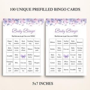 100 Printable Purple Butterfly Baby Shower Bingo Cards: Prefilled Gift ...