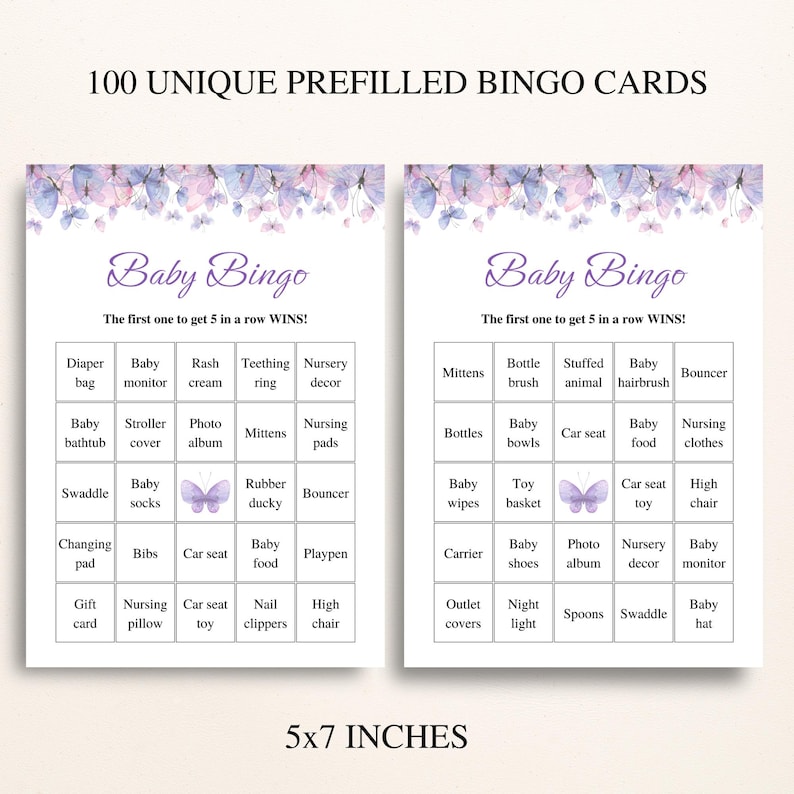 100 Printable Purple Butterfly Baby Shower Bingo Cards: Prefilled Gift ...