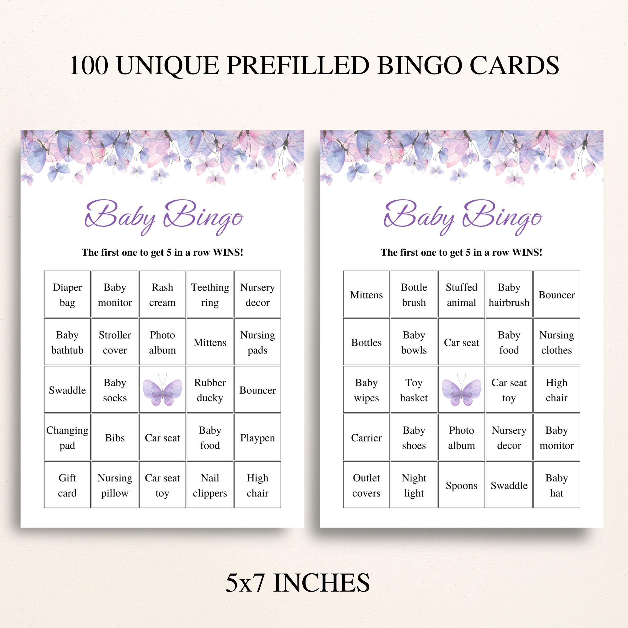 100 Printable Purple Butterfly Baby Shower Bingo Cards: Prefilled Gift ...