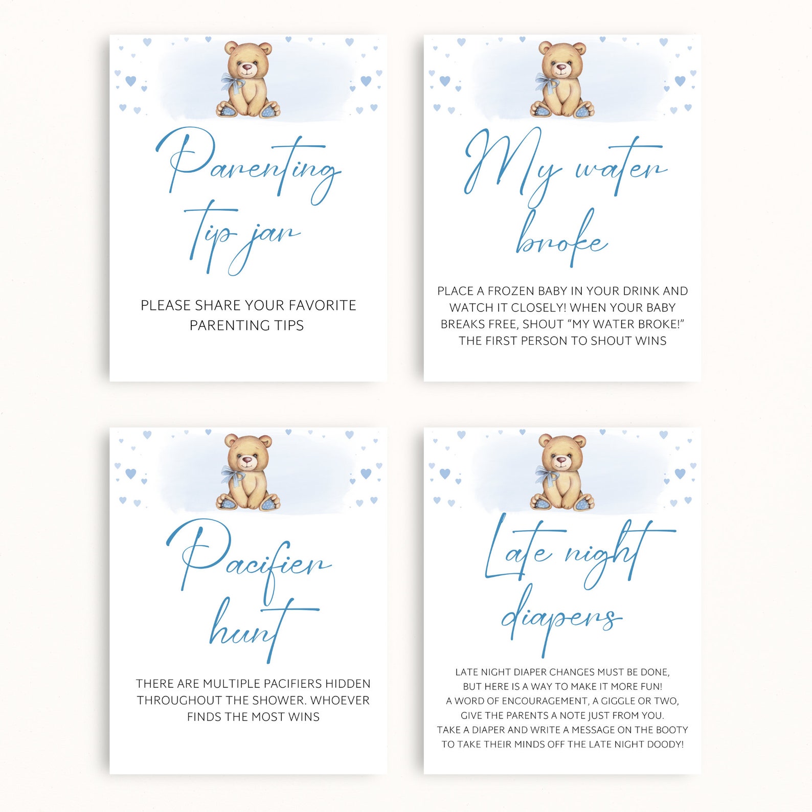 16 Printable Teddy Bear Baby Shower Table Signs, Blue Baby Shower ...