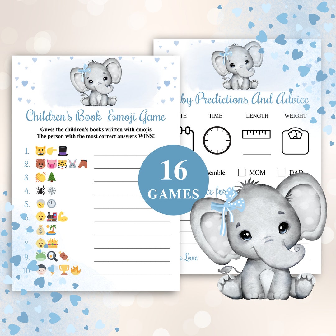16 Printable Elephant Baby Shower Games, Boy Elephant Baby Shower Game ...