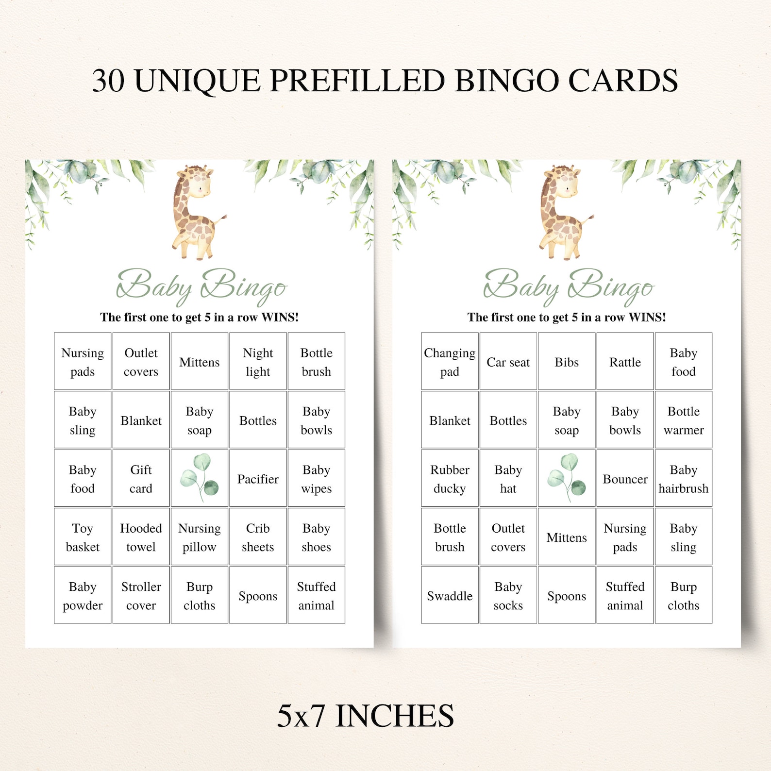 30 Printable Giraffe Baby Shower Bingo Cards 5x7'' Prefilled Baby Bingo ...